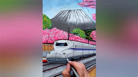 Drawing Shinkansen Bullet Train Racing Past Mount Fuji In Delightful
