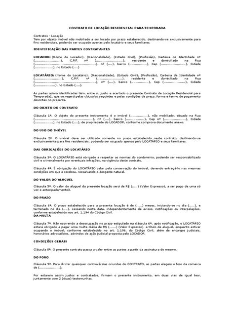 Modelo De Contrato De Locação Residencial Para Temporada Aluguel