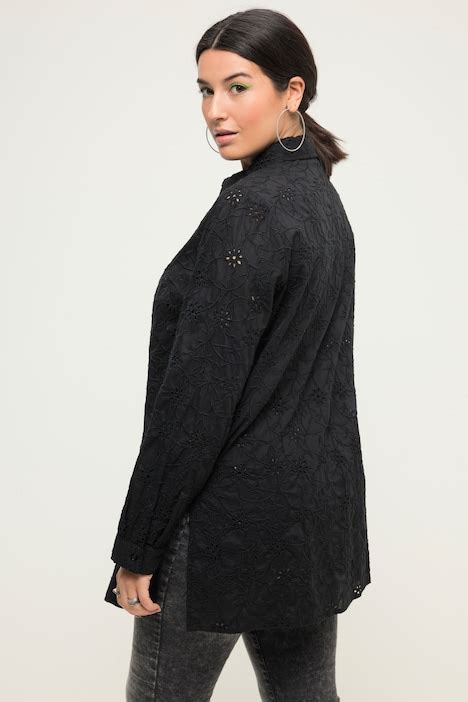 Eyelet Embroidered Long Sleeve Button Down Shirt Black Ulla Popken