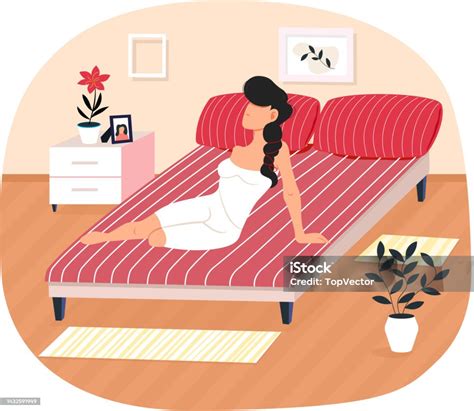 하얀 드레스 나 잠옷을 입은 여성은 편안한 침대에 누워 있습니다 침실의 여성 캐릭터 가정의 방에 대한 스톡 벡터 아트 및 기타