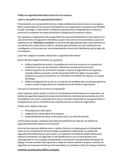 Política De Seguridad Informática Dentro De Una Empresa Pdf