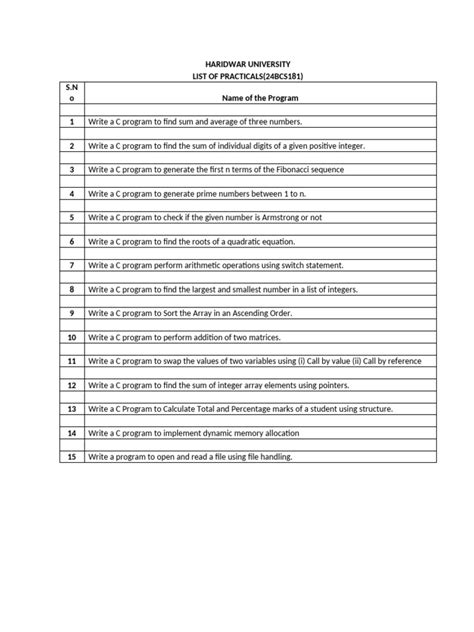 List Of Practicals In C Pdf