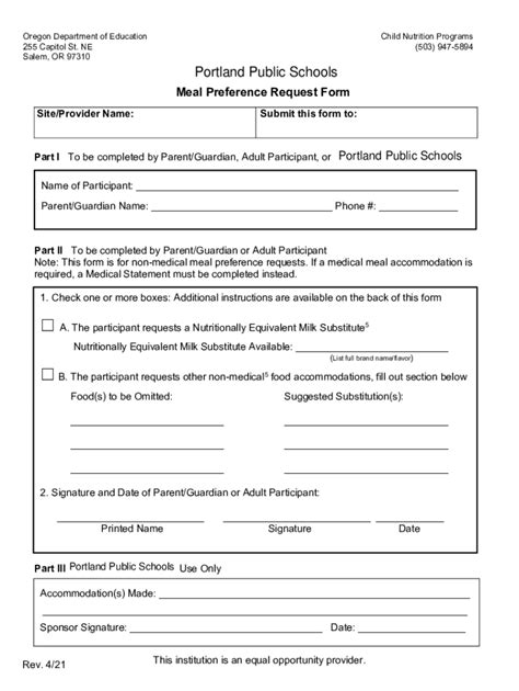Fillable Online Portland Public Schools Meal Preference Request Form
