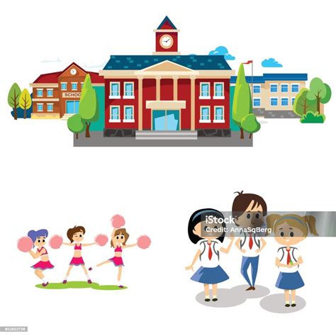 학교 배너에 대 한 개념을 다시 어린이 근처 서 건물 하 고 행복 한 학교 교육 올해의 시작 부분에 학생 배낭와 균일 한 입력된 대학 벡터 일러스트 레이 션 가정용 장비에