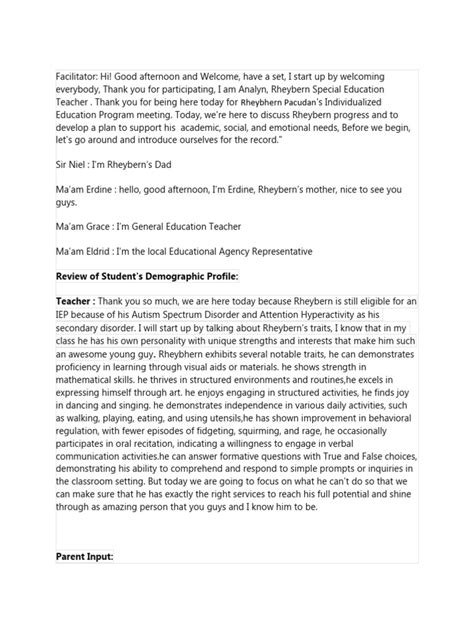 Script For An Iep Mock Meeting Pdf Inclusion Education Reading