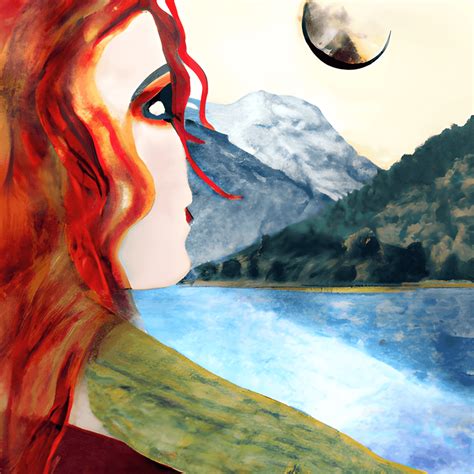 Redhead Woman With Mountains Forest Lake And Moon In Watercolor Creative Fabrica