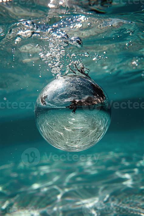 A Metal Ball Thrown Into The Water Photo Underwater A Chrome Plated Ball Under A Layer Of Blue