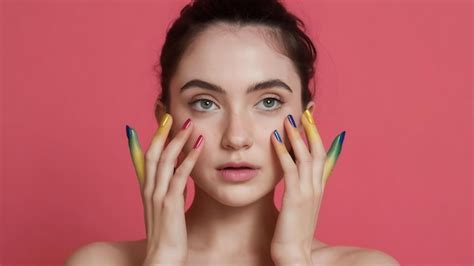 Beautiful Girl Touch Her Face With Colored Fingers Premium Ai