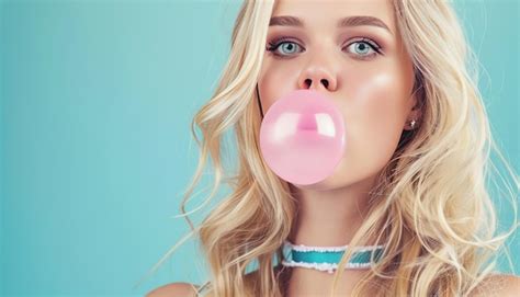 Bubbly Blonde A Stunning Fashion Portrait Of A Pink Bubble Gum Blower Premium Ai Generated Image