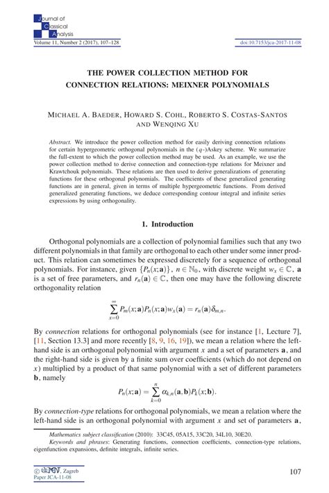 Pdf The Power Collection Method For Connection Relations Meixner Polynomials
