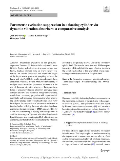 Pdf Parametric Excitation Suppression In A Floating Cylinder Via