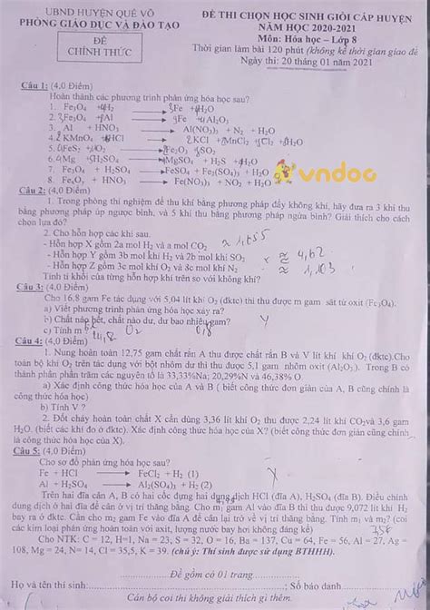 Đề thi học sinh giỏi lớp 8 môn Hóa học Phòng GD ĐT huyện Quế Võ năm
