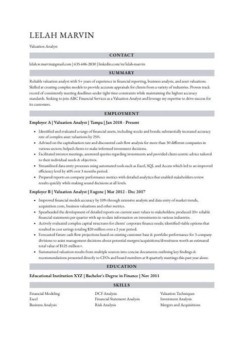Valuation Analyst Resume Cv Example And Writing Guide