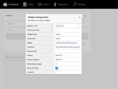 dashboard query plugin october cms
