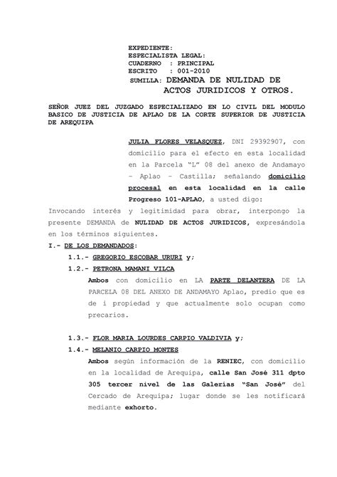 Flores Velasquez Julia Nulidad De Acto Juridico Ii Escritura Publica