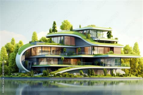 Passive House With Green Roof Flat Design Side View Environmental