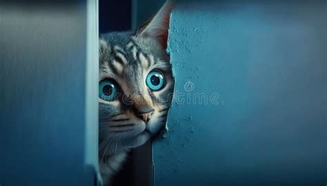 A Cat With Blue Eyes Peeking Out From Behind A Wall Stock Illustration