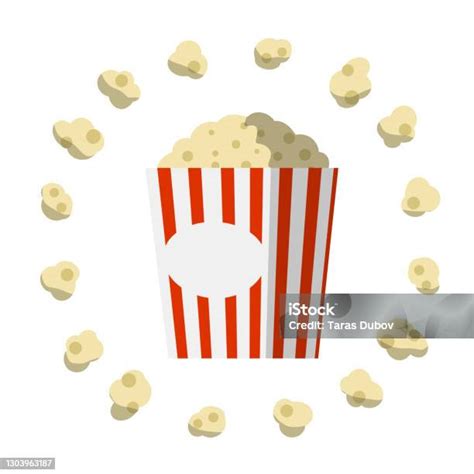 팝콘 옥수수 음식과 빨간 줄무늬 포장의 원 재미있는 아이콘 영화관 간식 플랫 만화 일러스트레이션 Premiere에 대한 스톡 벡터 아트 및 기타 이미지 Istock