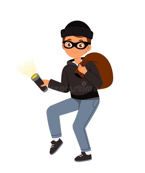 Robber Man With Bag Young Guy In Mask And Hat With Flashlight And Bag