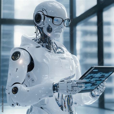 Hyper Realistic Robot Stands In Glasses And A Robe And Works On A Tablet Background Of