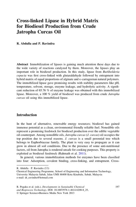 Pdf Cross Linked Lipase In Hybrid Matrix For Biodiesel Production From Crude Jatropha Curcas Oil