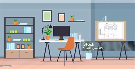 현대 초안 스튜디오 청사진 보드에 새로운 집 계획 빈 아니 사람 디자이너 건축가 작업장 사무실 인테리어 평면 수평 모던 양식에