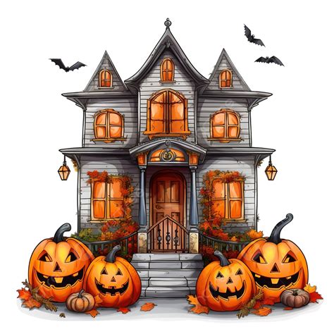 House Decorated For Halloween Front View With Different Pumpkins