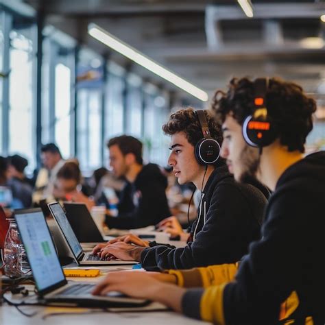 Vibrant Hackathon Event With Young Coders Premium Ai Generated Image