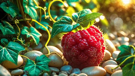 Close Up Of Raspberry With Vine And Rocks In Sunny Garden 66287294
