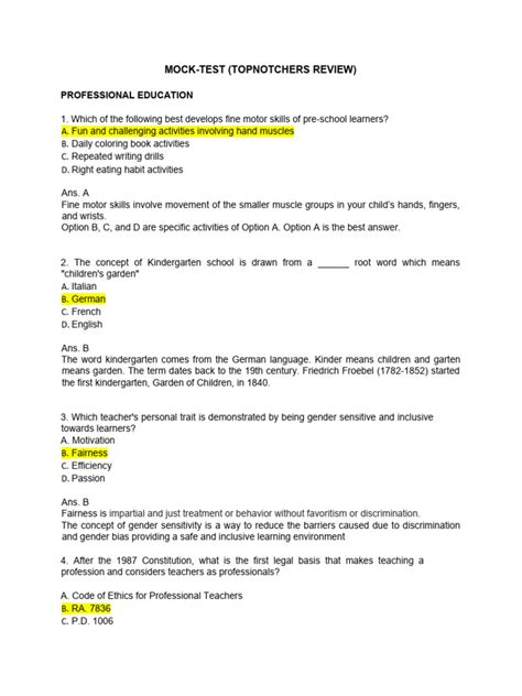 Answer Sheet Mock Test Pdf Learning Classical Conditioning