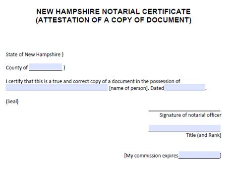 Free New Hampshire Notarial Certificate Attestation Of A Copy Of A Document PDF Word