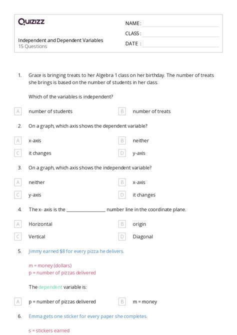50 dependent variables worksheets on quizizz free and printable