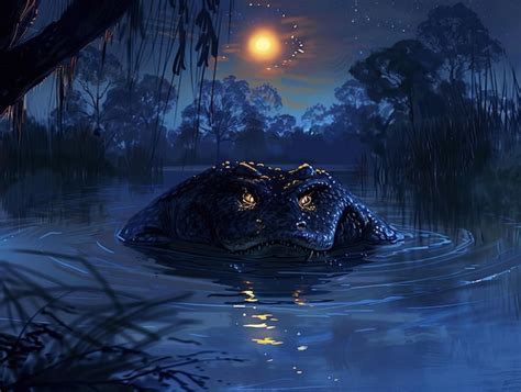 An Australian Bunyip Lurking In A Billabong Its Eyes Glowing In The