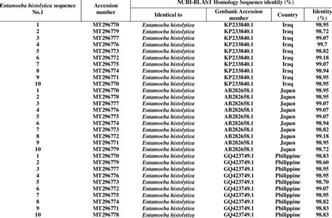 The Ncbi Blast Homology Sequence Identity Between Local Entamoeba