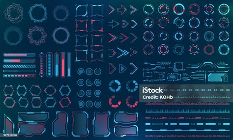 웹 응용 프로그램에 대 한 다운로드 바 설정된 Hud 인터페이스 요소라인 서클 포인터 프레임 테크놀로지에 대한 스톡 벡터 아트 및 기타 이미지 Istock