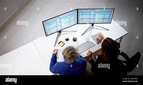 Auditor Employees And Data Analyst Using Computer Spreadsheet Stock