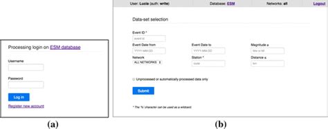 A Strong Motion Processing Service Login B Record Selection Interface