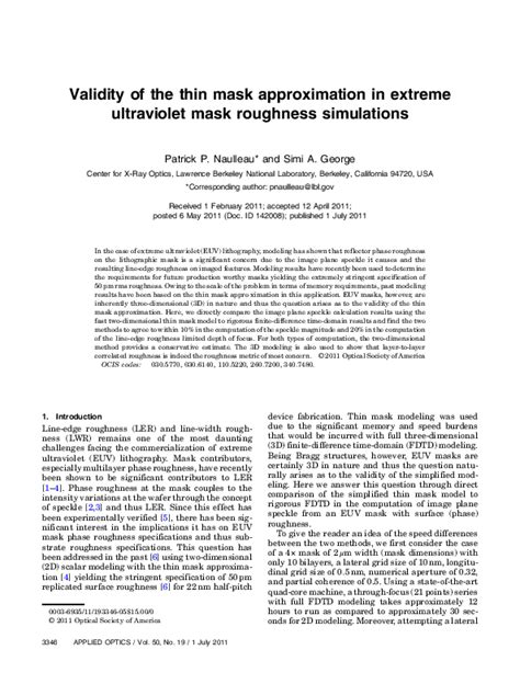 Pdf Validity Of The Thin Mask Approximation In Extreme Ultraviolet Mask Roughness Simulations
