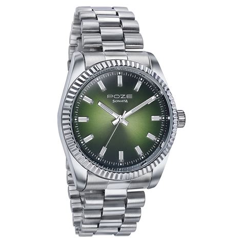 Buy Online Sonata Poze Quartz Analog Green Dial Silver Color Metal