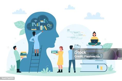지식과 고등 교육 학생들은 머리 안쪽 책장에서 책을 가지고 공부합니다 전문 기술에 대한 스톡 벡터 아트 및 기타 이미지 전문 기술 지혜 추억 Istock