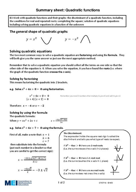 B3 Quadratic Functions Summary And Solving Techniques Studocu