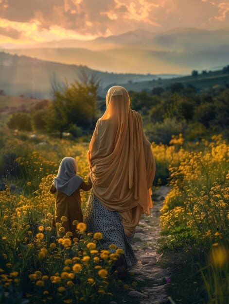 Premium Photo A Woman Walks Down A Path With A Sunset Behind Her