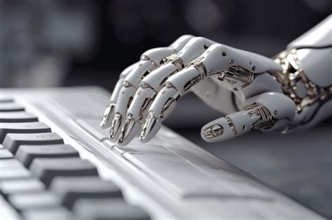Una Mano Robótica Femenina Interactuando Con La Computadora Mano