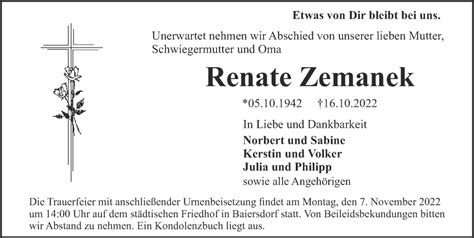 Traueranzeigen Von Renate Zemanek Trauernnde