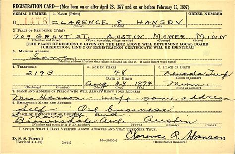 Clarence Hanson World War 2 Draft Registration Card Lyle Historical Society