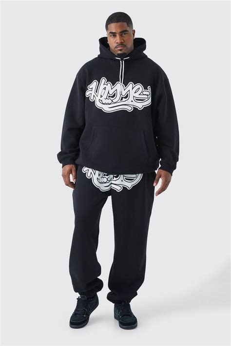 Plus Homme Graffiti Oversized Hood Tracksuit Boohoo Uk