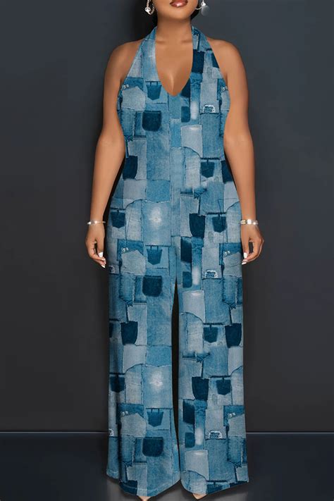Wholesale Graphics Print Sleeveless Backless Deep V Neck Vacation Halter Wide Leg Jumpsuits