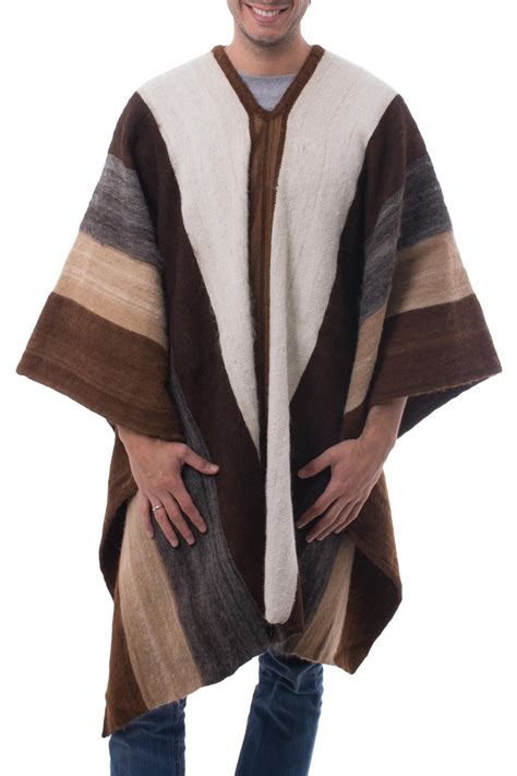 Mens Andean 100 Alpaca Handwoven Poncho In Earth Shades Andean