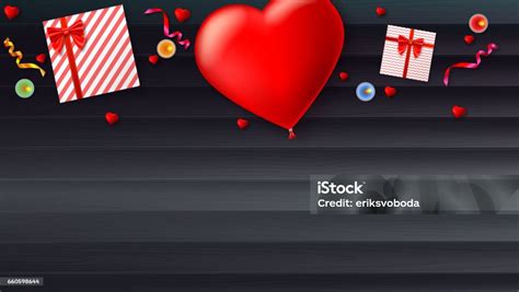 나무 배경 선물 상자 양 초 반짝이와 색종이 심장의 모양에 빨간 풍선 풍선 창의적인 사람에 대 한 서식 파일 3차원 형태에 대한 스톡 벡터 아트 및 기타 이미지 Istock