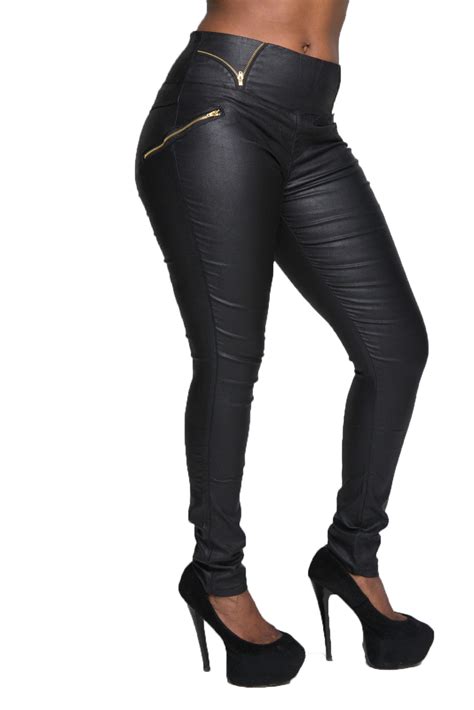 Women High Waist Leather Leggings Skinny Fit Trousers Black Wetlook